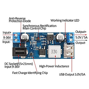 DAOKI 2Pcs 12v to 5v 5A Converter Step-Down Power Supply 24V / 12V to 5V 5A Voltage Regulator DC 9V-36V Step-Down to DC 5V-5.3V 3.5-6A Volt Transformer