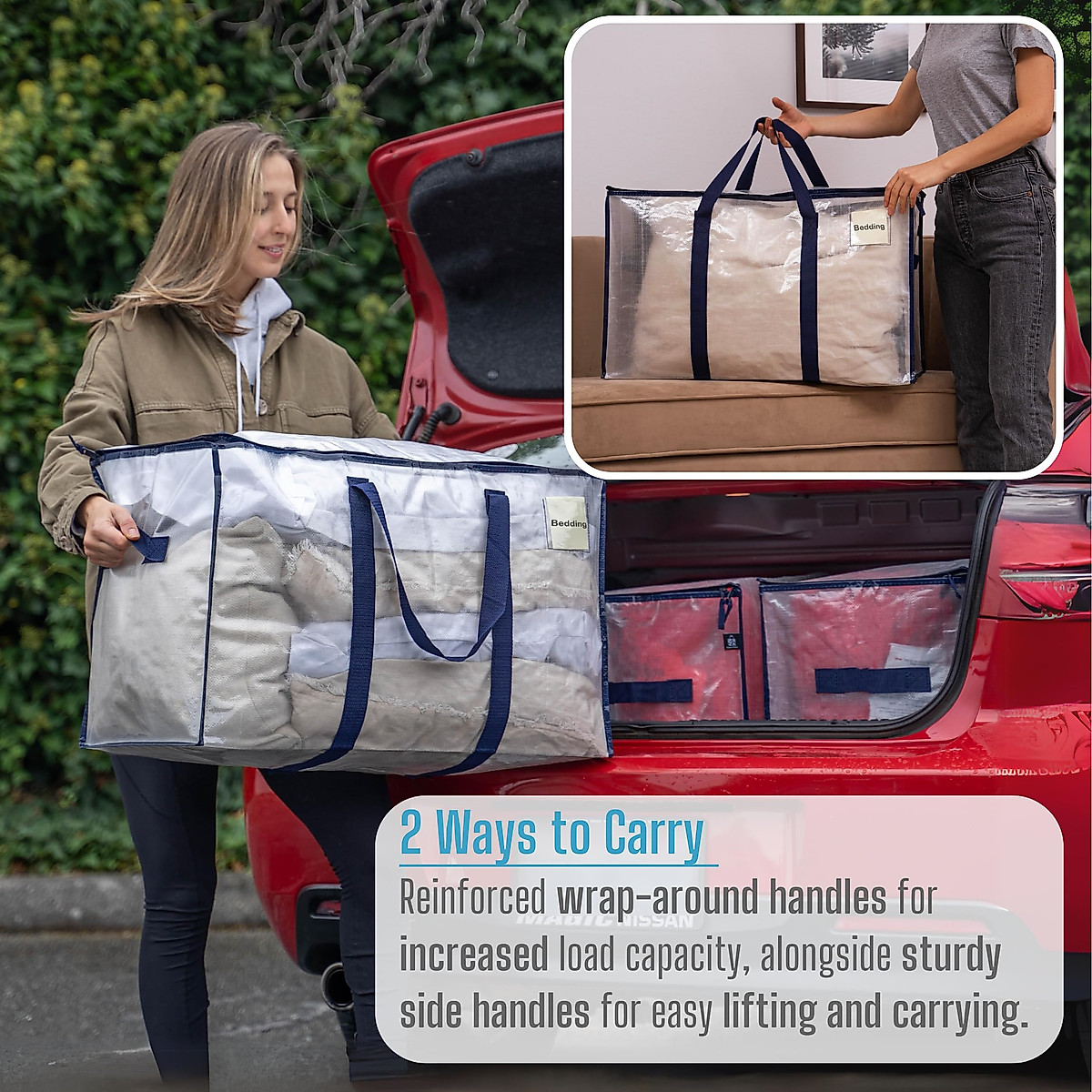 VENO 4 Pack Moving Bags, Heavy Duty, Moving Boxes Alternative, Packing Storage Supplies for Dorm Room Essentials with Zipper for Clothes, Extra Large Totes for Packaging (Clear, 4 Pack)