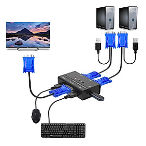 Yinker VGA KVM Switch, 2 Port USB VGA KVM Switch w/2 KVM Cables & 3 USB Hubs for 2 Computers Share One Monitor Keyboard Mouse