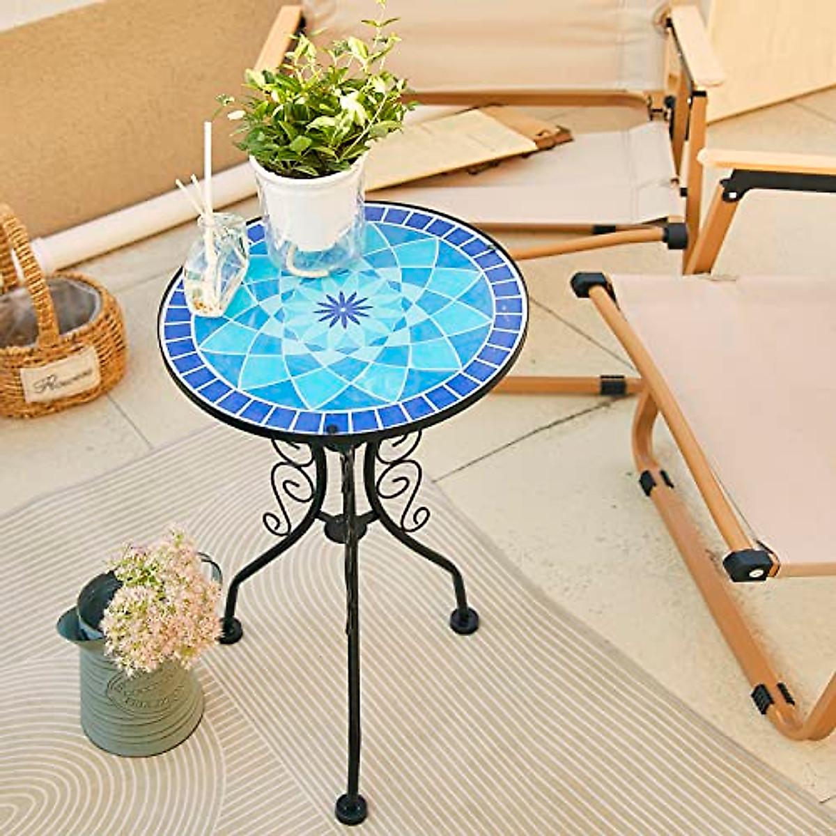 HL3NIGIM Outdoor Side Table, 14" Round Mosaic Patio Side Table Accent Table Bistro Coffee Glass Table Plant Stand for Garden Porch Living Room Balcony Deck Porch Pool