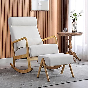 HOMREST Glider Chair with Ottoman,High Backrest for Nursery, Upholstered Fabric Indoor Rocking Armchair with Lumbar Pillow for Living Baby Room(White)