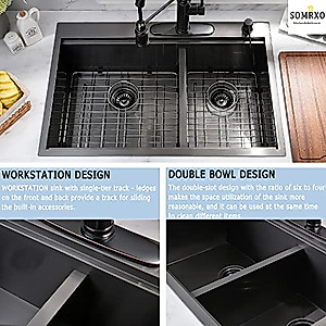 SOMRXO 28 Black Stainless Steel Kitchen Sink Double Bowl 28x22 Drop In Kitchen Sink Workstation Ledge 16 Gauge Gunmetal Black Kitchen Sink Topmount 10" Deep 40/60 Low-Divide Double Bowl Kitchen Sinks
