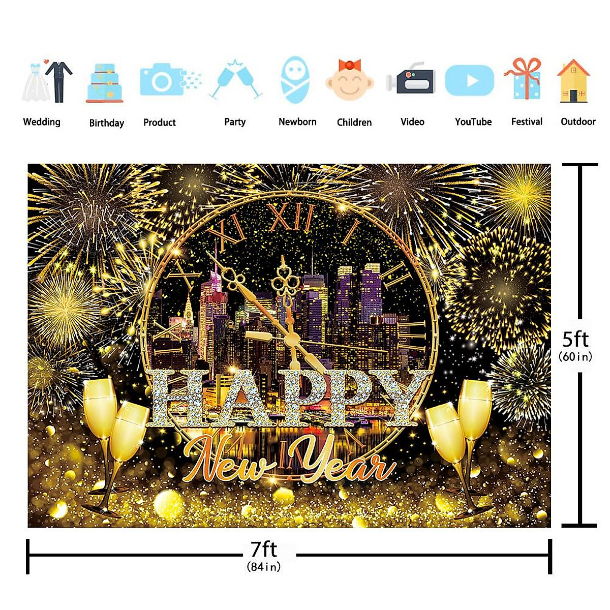 BAIFNEZ 2024 New Year Countdown Backdrop Sparkling Gold Fireworks Champagne Glasses City Night Photography Background New Year's Eve Family Gathering Business Party Decoration Supplies (7x5FT, Gold)