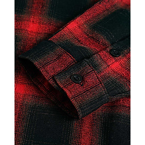 Mens Hooded Flannel Plaid Button Shirt Lightweight Long Sleeve Shirt Jackets with Hood Red Black
