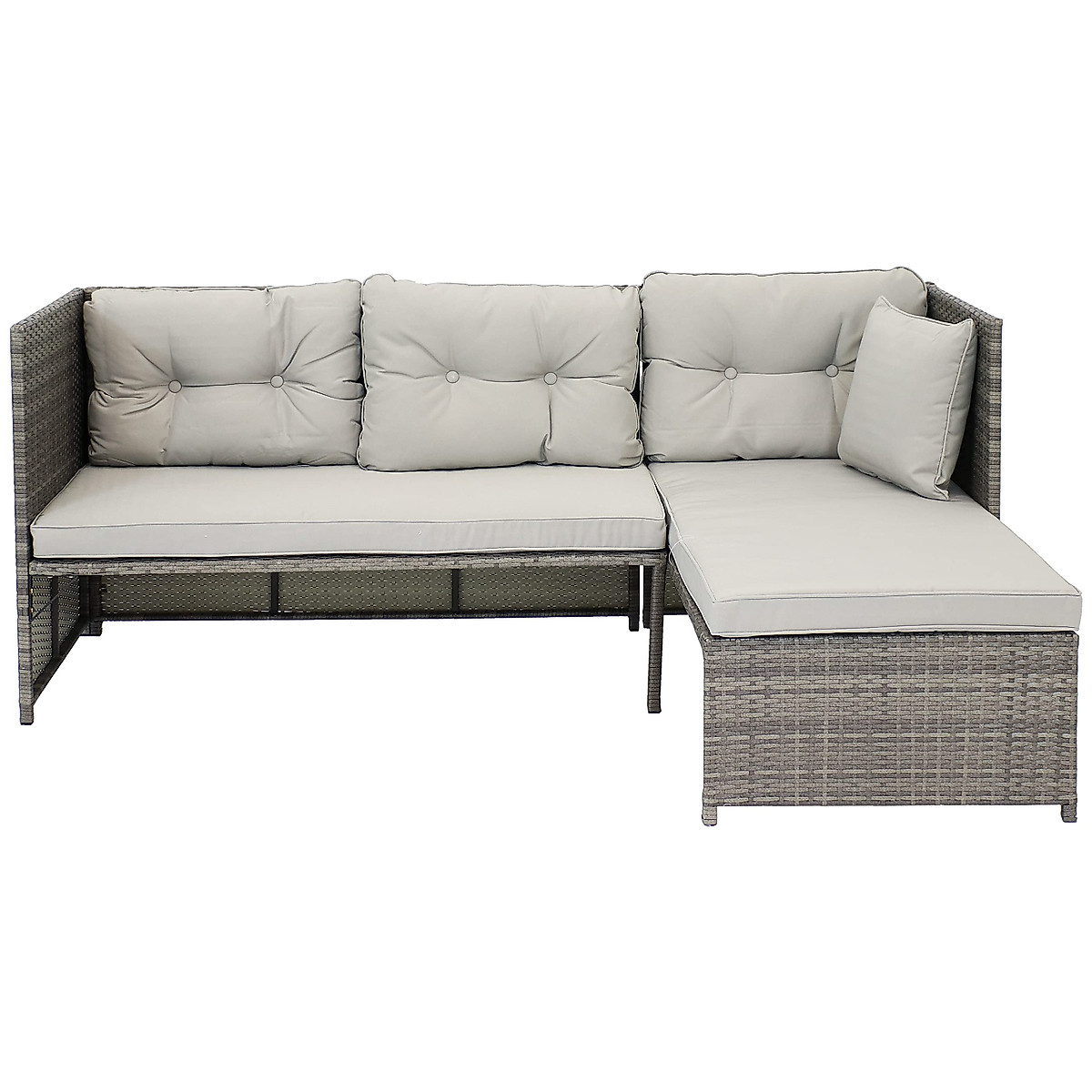 Sunnydaze Longford Outdoor Patio Sectional Sofa Set - Backyard Brown Rattan Wicker Chaise Lounge Furniture with Coffee Table and Thick Cushions - Conversation Set - Slate Gray Cushions