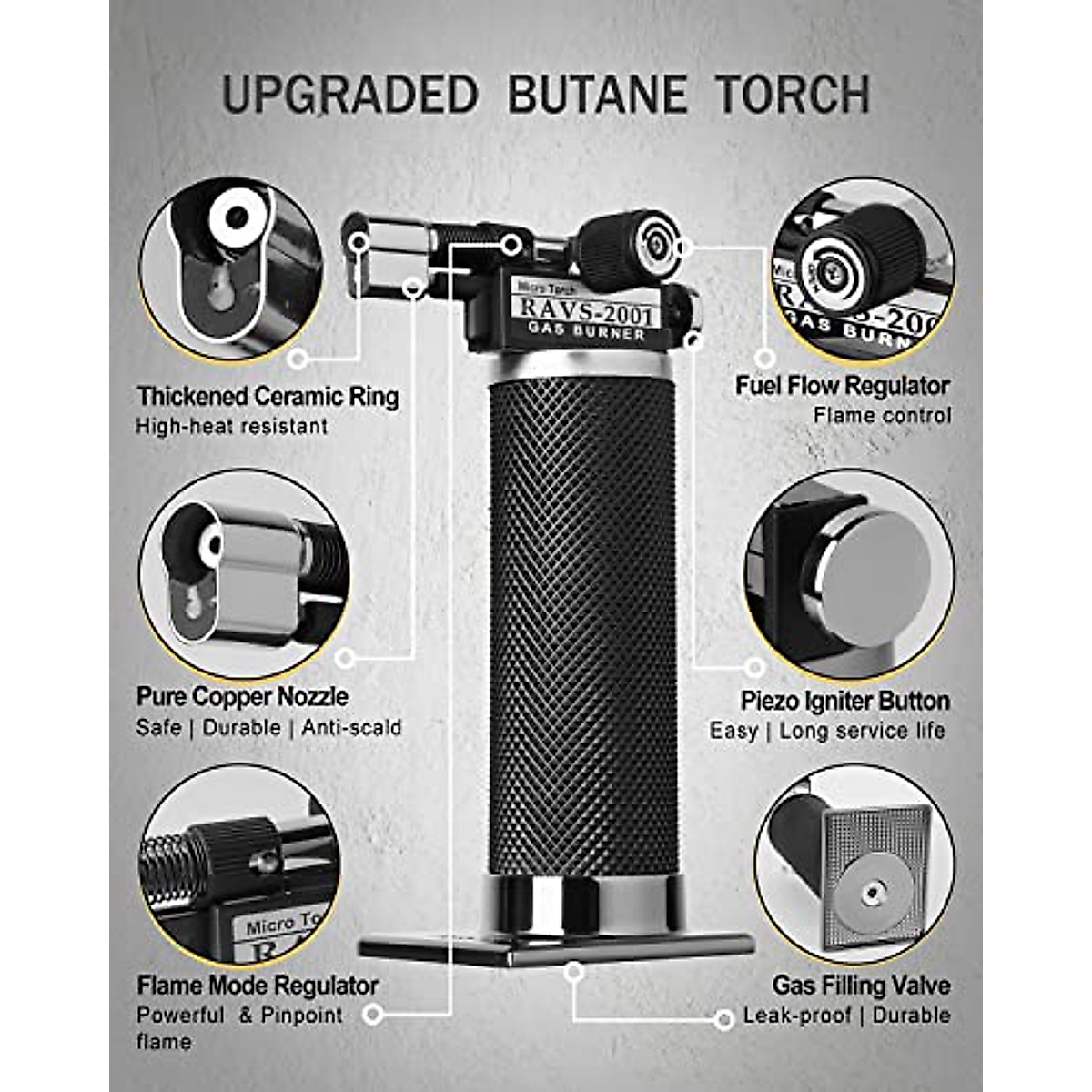 ravs Butane Torch Lighter with DUAL Flame Mode, Refillable Kitchen Torch Lighter Cooking Torch, Blow Torch with Safety Lock and Adjustable Flame, Soldering Torch for Welding, Resin Art, Industrial