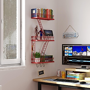 Beskadi Fire Escape Wall Shelf Red, Fire Escape Ladder 3 Story Shelf Wall Storage, New York Inspired Cool Bookshelf Metal Shelves, New York Action Figurine Display Shelf for Bathroom, Living Room.