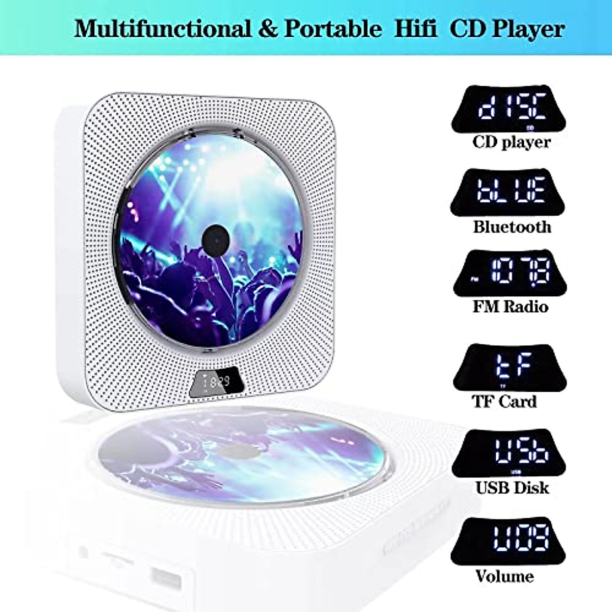 Portable CD Player with Bluetooth, Wall Mountable CD Player with Dust Cover,FM Radio,Built-in Speakers,USB Port,AUX Input,LCD Display