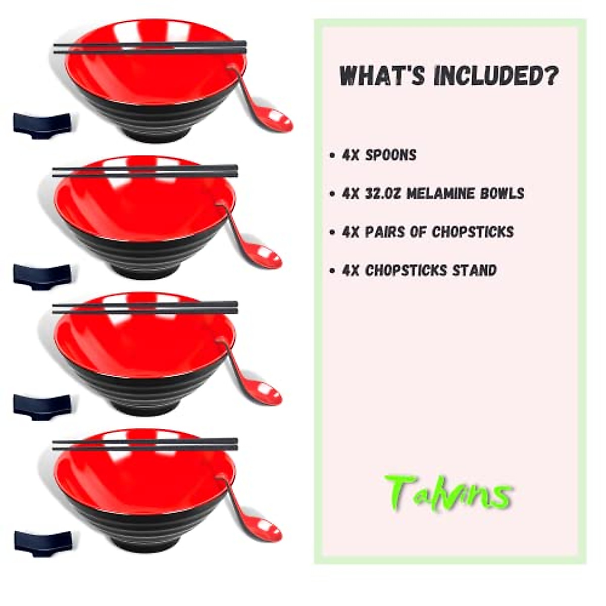 TaIvins Ramen Bowl Set of 4-32 OZ Pho Bowls and Spoons set, Maruchan ramen bowl, Asian pho bowls, Japanese bowls, Microwavable bowls- Large Melamine Noodle bowls, Soup bowl, Naruto ramen bowl (Red).