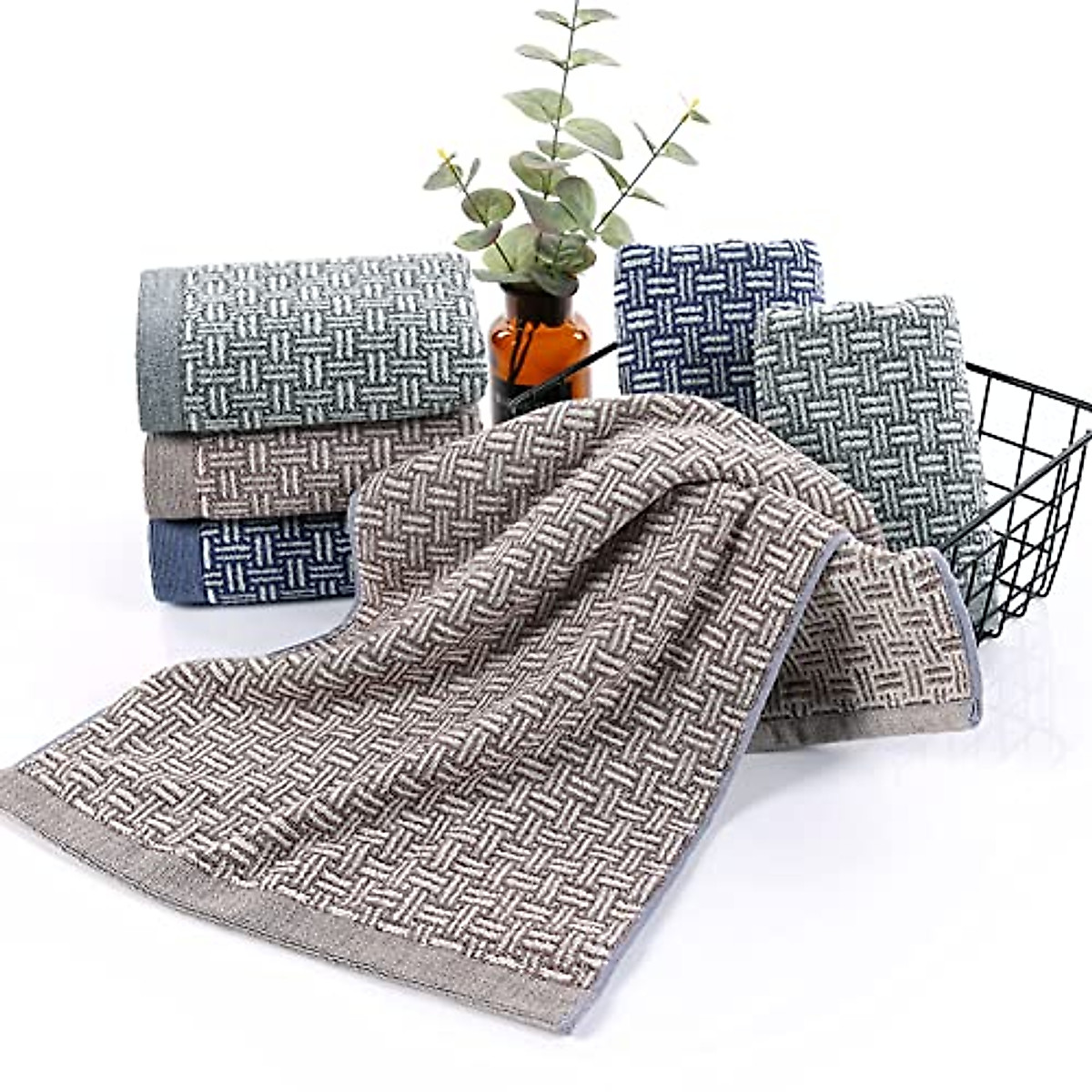Pidada Hand Towels Set of 2 100% Cotton Checkered Pattern Absorbent Soft Decorative Towel for Bathroom 13.4 x 29.1 Inch (Gray)