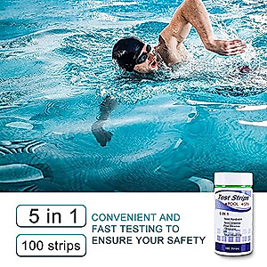 SuperCheck 5-in-1 Test Strips for Testing Chemicals Content in Pool and Spa, 6 Parameters, 100 Count, Swimming Water Test Kits for Hardness, Chlorine, Bromine, pH and Alkalinity, Pool Water Tester