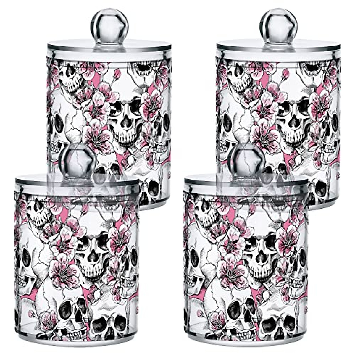 MNSRUU 2 Pack Qtip Holder Organizer Dispenser Pink Floral Skull Bathroom Storage Canister Cotton Ball Holder Bathroom Containers for Cotton Swabs/Pads/Floss
