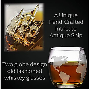 SALE | Whiskey Decanter Globe Set with 2 Etched Globe Whisky Glasses - Included - Whiskey Stones, Ice Tong, Coasters - Gifts For Men Dad - Liquor, Bourbon, Scotch, Vodka with a Wood Stand - 850ml