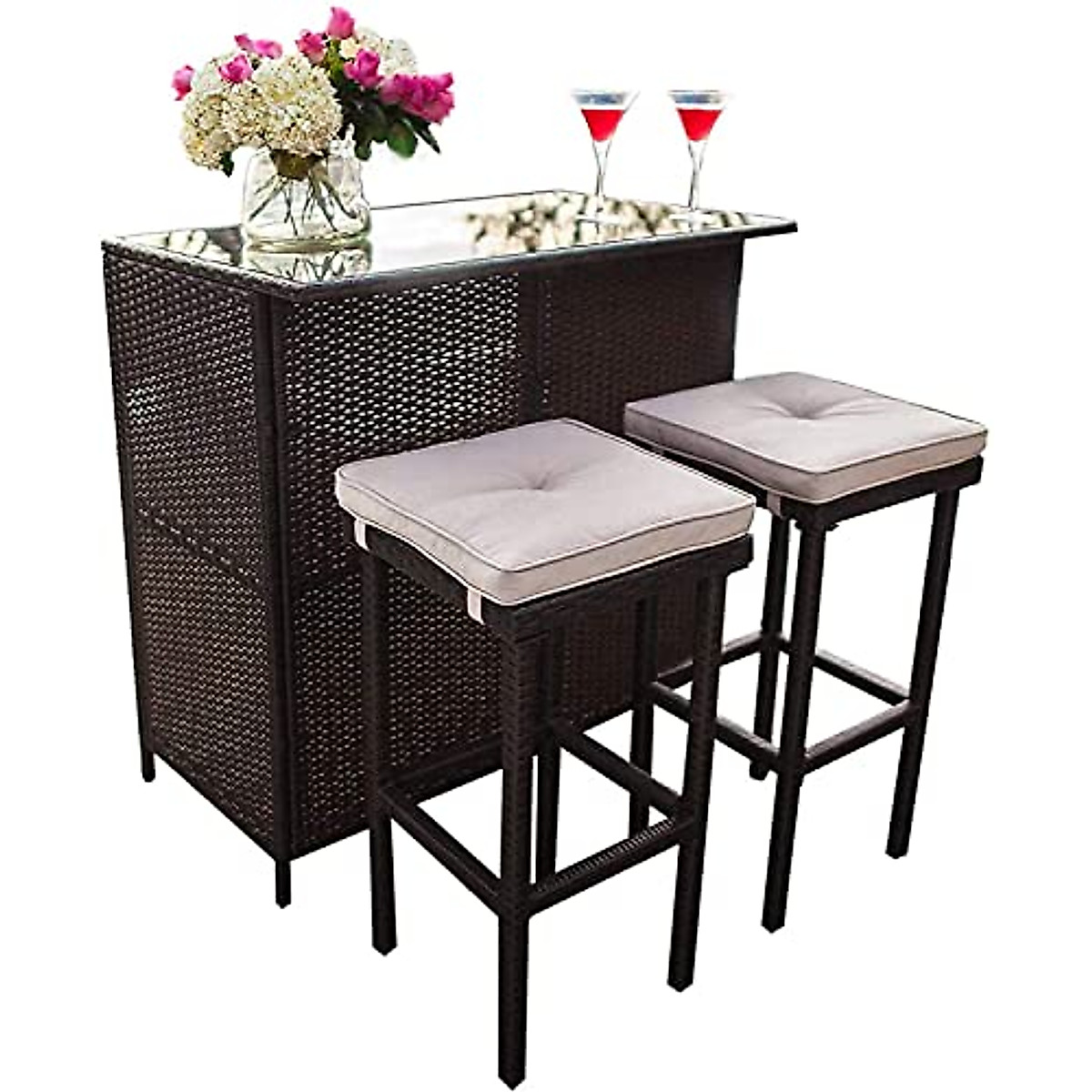 Omelaza 3-Piece Patio Bar Table Set Outdoor Wicker Bistro Set - Glass Bar and Two Stools with Cushions for Patios, Backyards, Porches, Gardens or Poolside