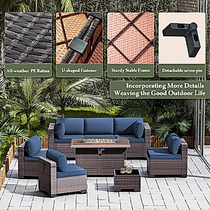 RTDTD Outdoor Patio Furniture Set with Propane Fire Pit Table, 15 Pieces Outdoor Furniture Patio Sectional Sofa Conversation Sets w/ETL Approved 43" Gas Outdoor Fire Table & Coffee Table(Dark Blue)