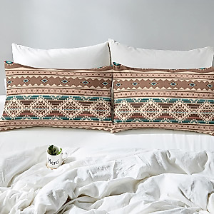 Western Bedding Sets Queen,Aztec Comforter Cover,Exotic Nordic Style Bohemian Duvet Cover Indian Tribe Geometry Ethnic Tribal Arrow Bed Set,Retro Geometric Triangle Diamond Boho Decor,Beige Brown