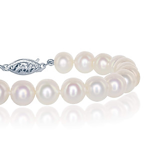 Blue Ocean Pearls 14K White Gold AAAA Freshwater Cultured Pearl Bridal Silk-Knotted Strand Bracelet with Fishhook Clasp - Choice of Length & Pearl Size (7.5, 4.0-4.5-mm)