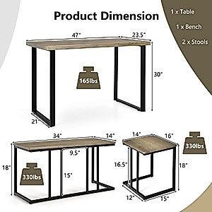 COSTWAY 4 Piece Dining Table Set, Modern Counter Height Kitchen Table Set for 4 w/Bench & 2 Stools, Sturdy Iron Structure, Space-Saving Dining Table and Chair Set for Home Pub Breakfast, Oak Grey