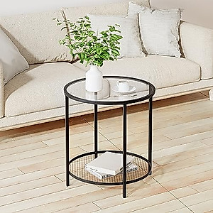 CADANI End Table, Glass Side Table with Open Storage, 2-Tier Black Accent Table with Sturdy Metal Frame, Modern Round Coffee Table for Living Room, Bedroom, Balcony, Patio