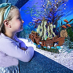 UNEAK - Large Shipwreck Aquarium Decorations Ornament w/ Sail (2 Pieces) 20 Gallons high and Larger Fish Tank, Sunken Ship Decoration Ornaments, Pirate Boat, Resin, Freshwater Saltwater Decor