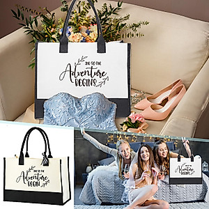 Dadoudou Engagement Gift Canvas Tote Bride Bag,Bridal Shower Gifts for Engagement Wedding Graduation Retirement Gift Beach Bag And So The Adventure Begins Large Tote Bag