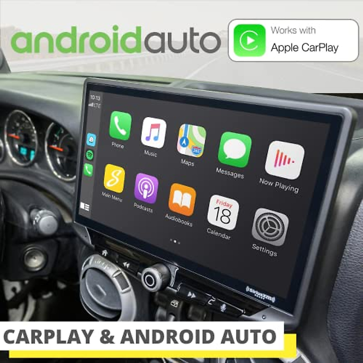 STINGER Jeep Wrangler JK Stereo Replacement 10" HD Touchscreen Radio with Android Auto, Apple CarPlay, Handsfree Bluetooth, Dual USB Includes All-in-one Dash Kit & Interface, 2007-2018 (STH10JK)