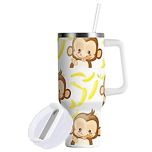 Stainless Steel Vacuum Insulated Tumbler 40 Oz with Handle and Straw, Cute Monkey Banana Travel Coffee Tumbler
