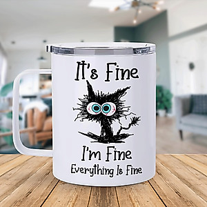 Hyturtle Funny Cat Gifts For Cat Lover, It's Fine I'm Fine Everything Is Fine Coffee Tumbler Cup Mug Stainless Steel 12oz, Cat Gifts For Women, Gift For Animal Lover On Birthday Christmas