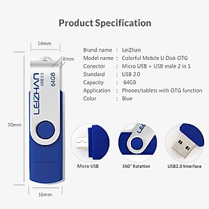 Leizhan Micro USB Flash Drive 128GB Thumb Drive Micro OTG Memory Stick Pendrive USB 2.0 Jump Drive Android Memory Stick U Disk, Blue
