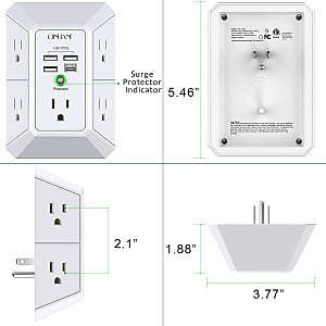 Wall Charger, Surge Protector, QINLIANF 5 Outlet Extender with 4 USB Charging Ports (4.8A Total) 3-Sided 1680J Power Strip Multi Plug Adapter Spaced for Home Travel Office (3U1C)
