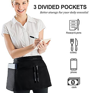 BOHARERS 2 Pack Waitress Apron With 3 Pockets - Black Server Aprons - Waiter Short Half Waist Servers Apron 12-inch