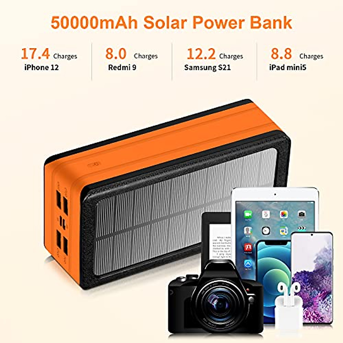 Solar Power Bank 50000mAh, Portable Solar Phone Charger with Flashlight, 4 Output Ports, 2 Input Ports, Solar Battery Bank Compatible with iPhone for Camping, Hiking, Trips