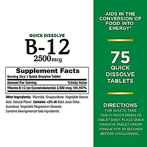 Nature’s Bounty Vitamin B12 2500 mcg, Cellular Energy Support, For Energy Metabolism, Heart & Nervous System Health, 75 Quick Dissolve Tablets
