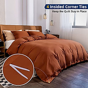 Argstar 3 Pieces Button Closure Duvet Cover Set Queen, Burnt Orange Duvet Cover with Buttons, 100% Microfiber Soft & Easy Care Bedding Comforter Cover with Ties (1 Rust Duvet Cover, 2 Pillowcases)