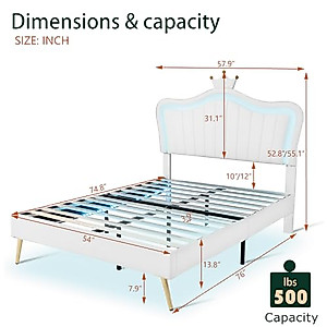 Led Bed Frame, Full Size Upholstered Bed Frame with Led Lights, Modern Upholstered Princess Bed with Crown Headboard & Wooden Slats Support for Teens Boys Girls, No Box Spring Needed (White, Full)