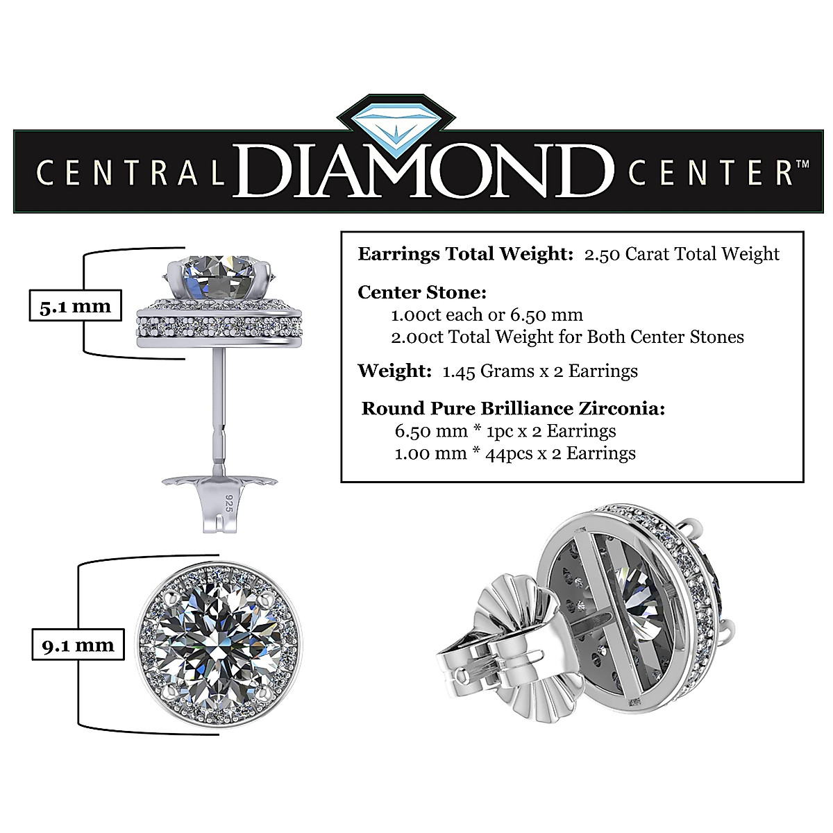 Central Diamond Center Round Halo Stud Earrings Sterling Silver w/Pure Brilliance Zirconia - 6.50mm Center, 2.50cttw - Platinum