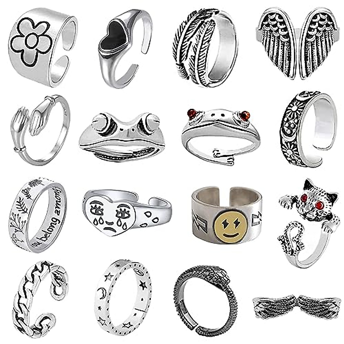 Aogrzun 16 Pcs Cool Silver Plated Frog Open Rings Set, Vintage Matching Rings, Cute and Stylish, Snake, Hug, Moon and Sun Rings for Couples for Women Men