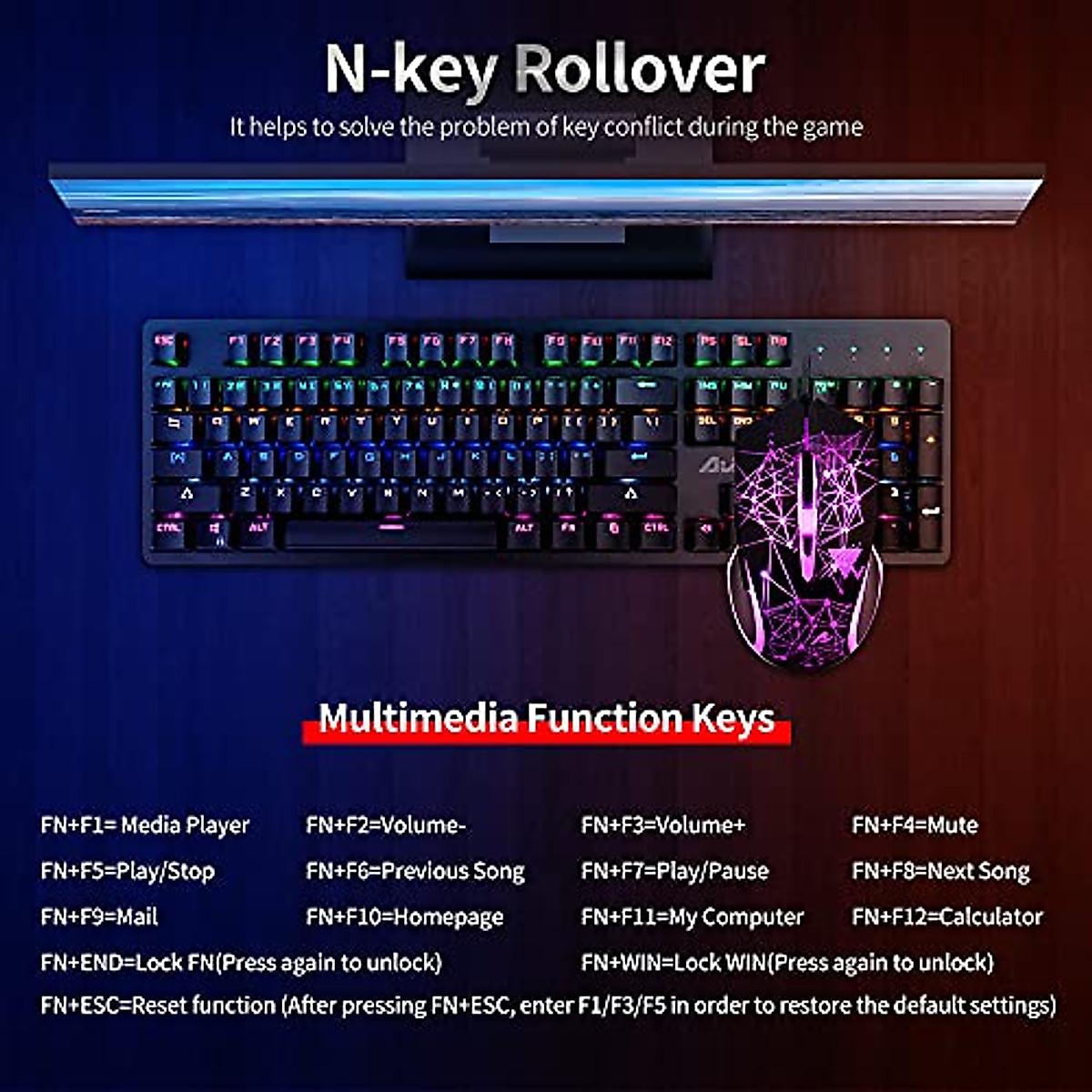 summina Mechanical Keyboard Combo USB Wired Gaming Keyboard Set 104 Keys Mixed Light Keyboard with Blue Switch
