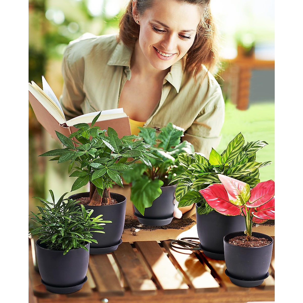 homenote Plastic Planter 7/6/5.5/4.8/4.5 Inch Flower Pot Indoor Modern Decorative Plastic Pots for Plants with Drainage Hole and Tray for All House Plants, Succulents, Flowers, and Cactus, Black