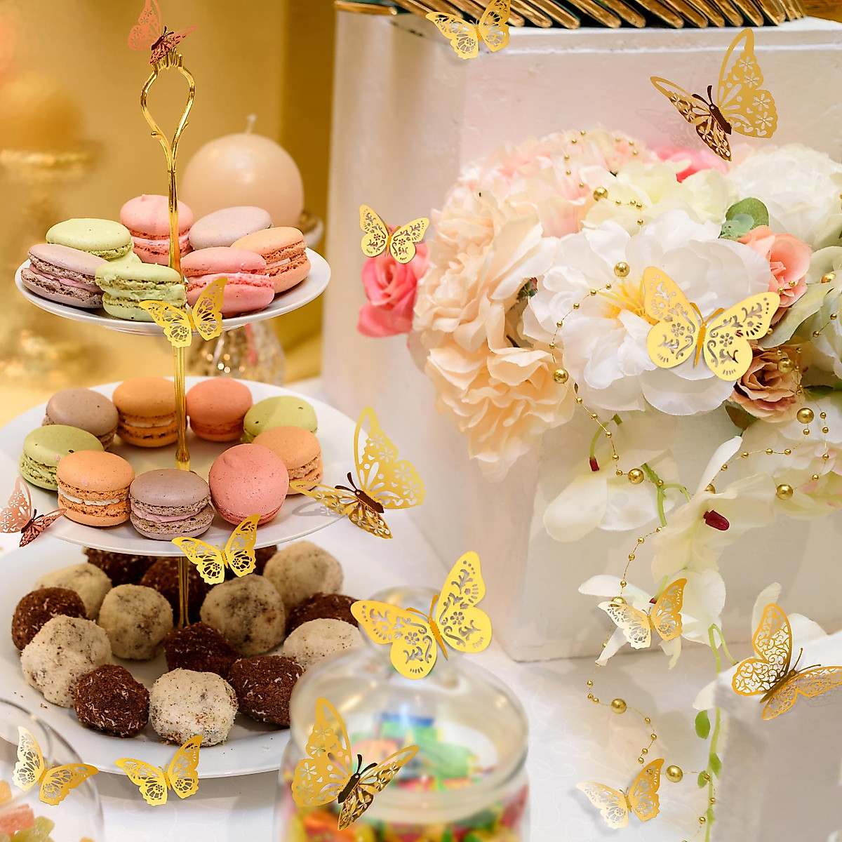 Crosize 48 Pcs Gold Butterfly Decorations, 4 Styles 3 Sizes, Butterfly Wall Decor, 3D Butterfly Party Decorations, Butterflies for Crafts, Bouquet, Cake Decorating, Flower Arrangements, Room Décor