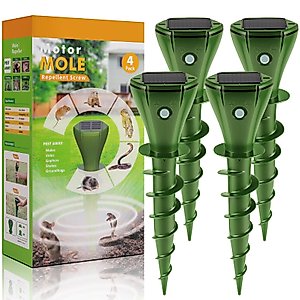 Mole Repellent for Lawns, Sonic Mole Repellent Solar Powered, Gopher Repellent Mole Trap, Screw Snake Groundhog Vole Trap Outdoor with 3 Vibration Modes Anti-Adapt, Quiet, 4pcs