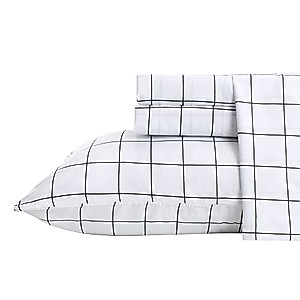 Printed Plaid Bed Sheet Set 3 Pieces - Twin Size - Double Brushed Microfiber Super Soft Breathable Bedding Sheets Black Grid