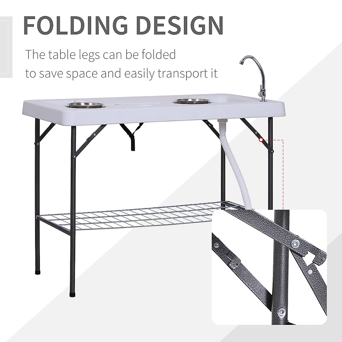 Outsunny Folding Fish Cleaning Table with Sink, Portable Camping Table with Faucet Drainage Hose, Grid Rack and Fish Cleaning Kit for Picnic, Fishing, 50"