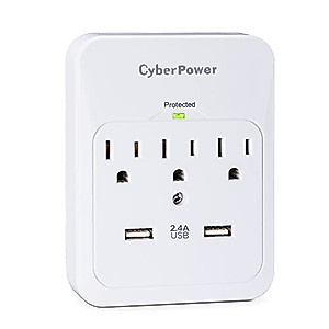 CyberPower CSP300WUR1 Professional Surge Protector, 600J/125V, 3 Outlets, 2 USB Charge Ports (2.1 Amps Shared) Wall Tap Plug