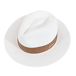 Cmprvgd Women Panama Sun Straw Hat Fedora Travel Wide Brim Packable Summer Beach Hats UPF 50+ White