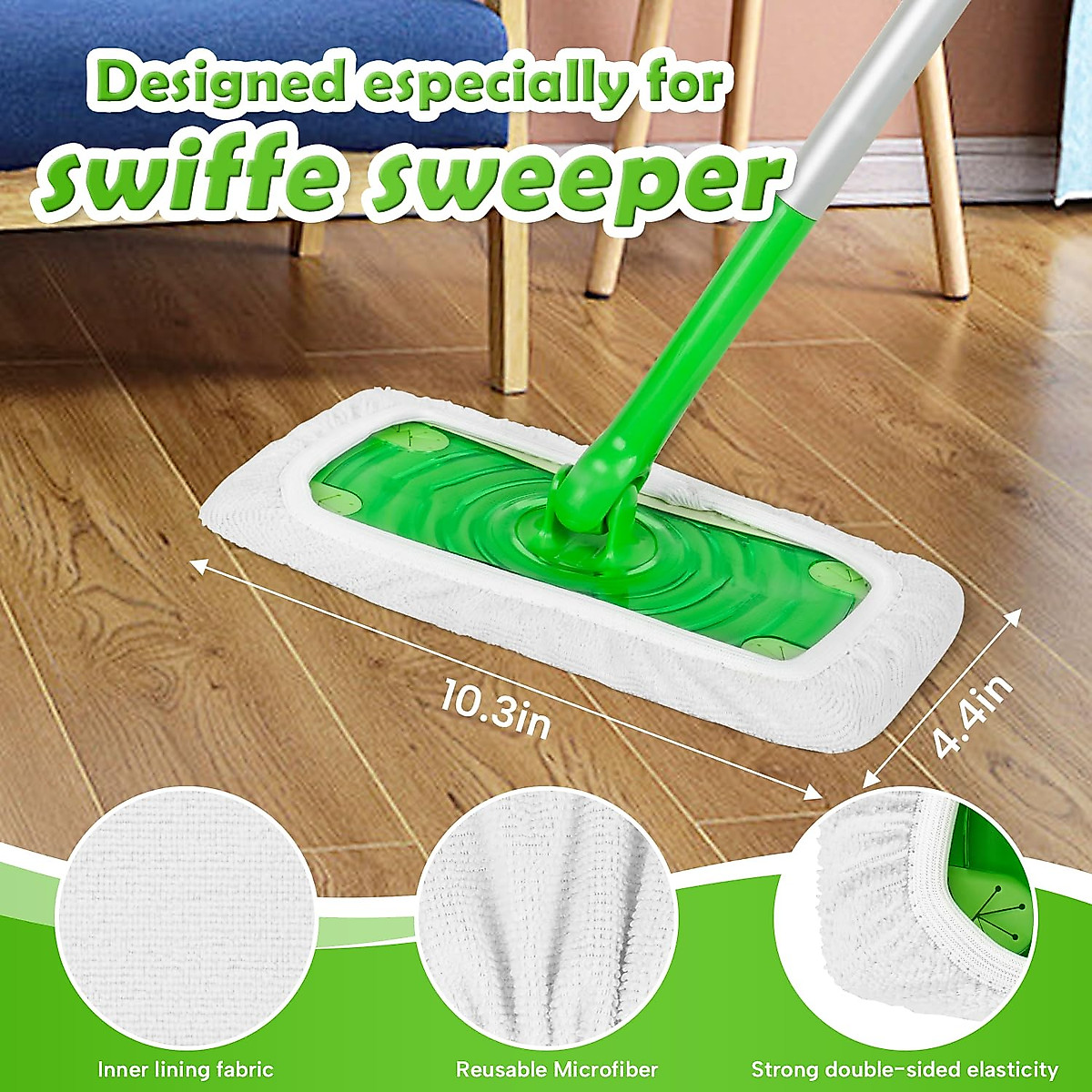 ZEHRAI 3 Pack Reusable Microfiber Mop Pads Compatible with Swiffer Sweeper Mop, Wet and Dry Flat mop Cover, Washable Swiffer Pads for Surface/Hardwood Floor Cleaning (Mop is Not Included)