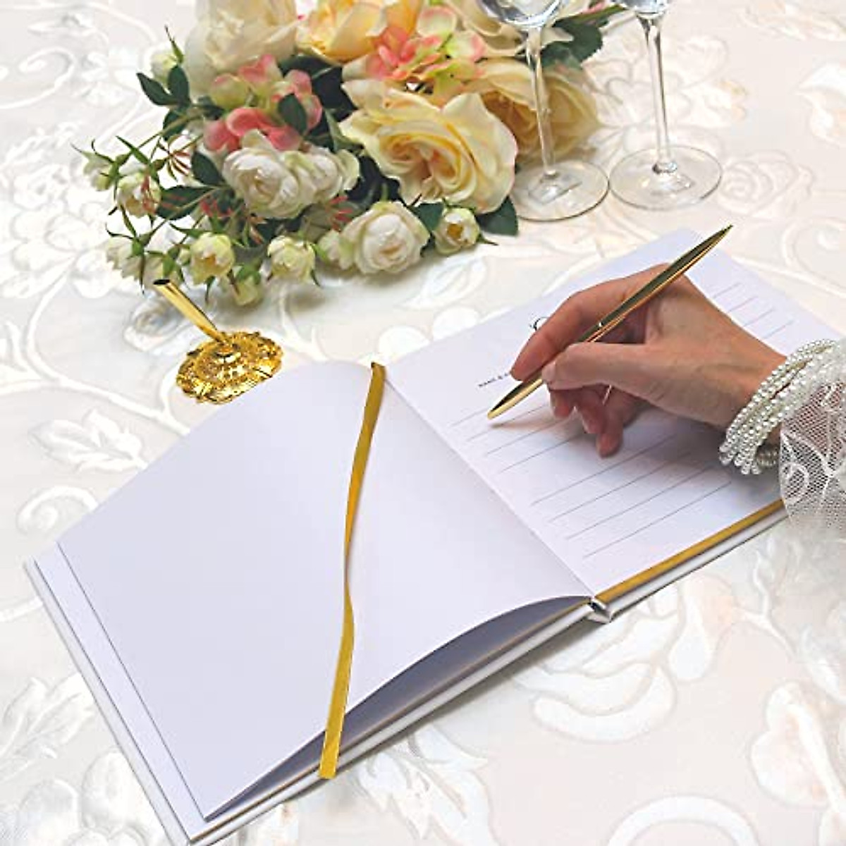 AURAFRANCINA Wedding Guest Book with Gold Foil Printed Design - Guest Book with Gold Pen & Holder - Unique Guest Book Wedding Reception with 100 Gold Foil Edge Pages - Hardcover Guest Book for Party