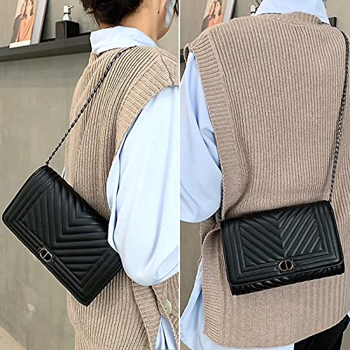 Leather Crossbody Bag for Women Purse Small Handbags Black Crossbody Purse Chain Shoulder Strap Bag Flap Bag Quilted Mini Cross Body Cell Phone Wallet Girls Ladies Clutch Bag