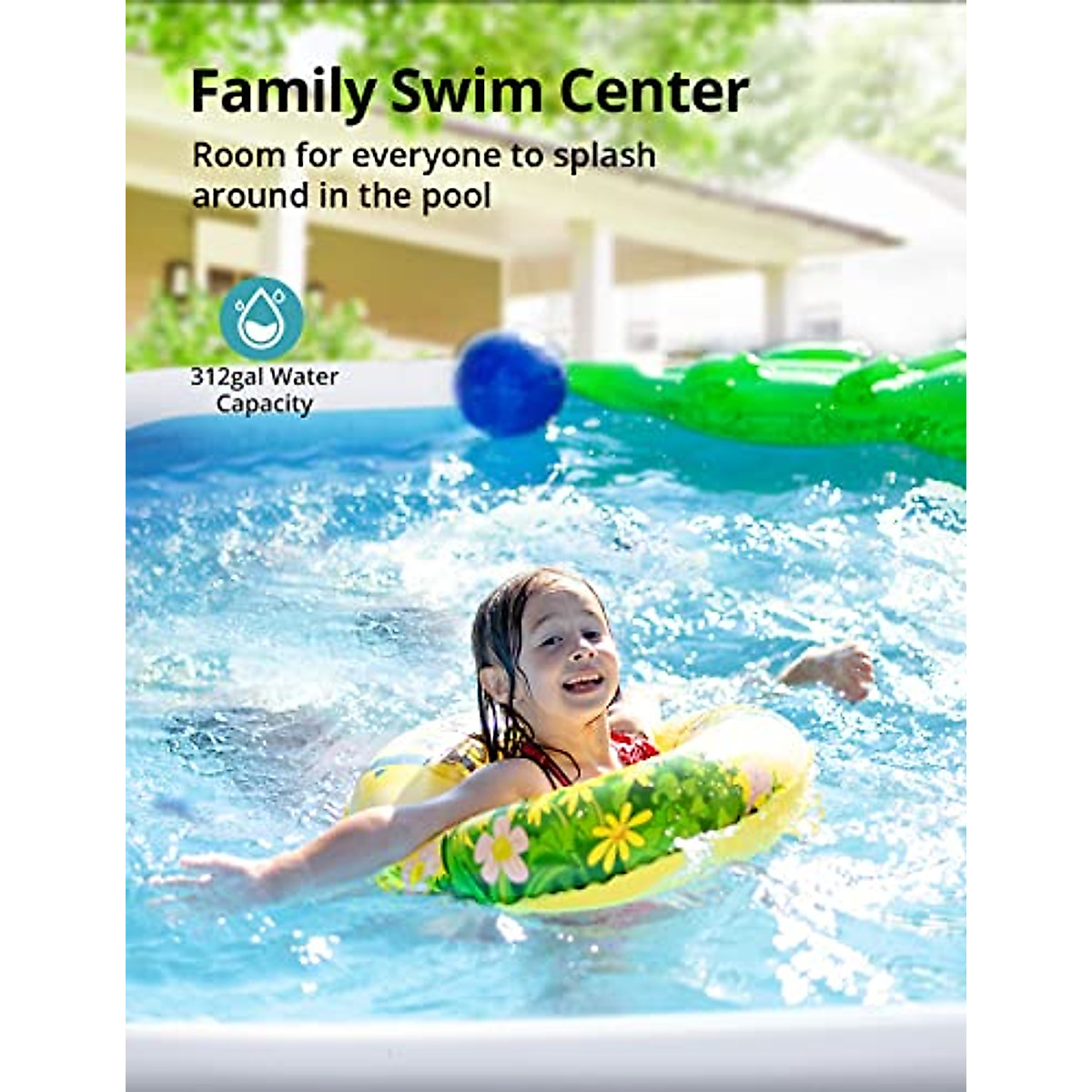 Inflatable Swimming Pool, 118" x72" x22" Family Blow up Swim Pools with Sun Shade,UV30+ Sun Shelter , Rectangular Lounging Pool for Backyard, Garden, Adults, for Age 3+