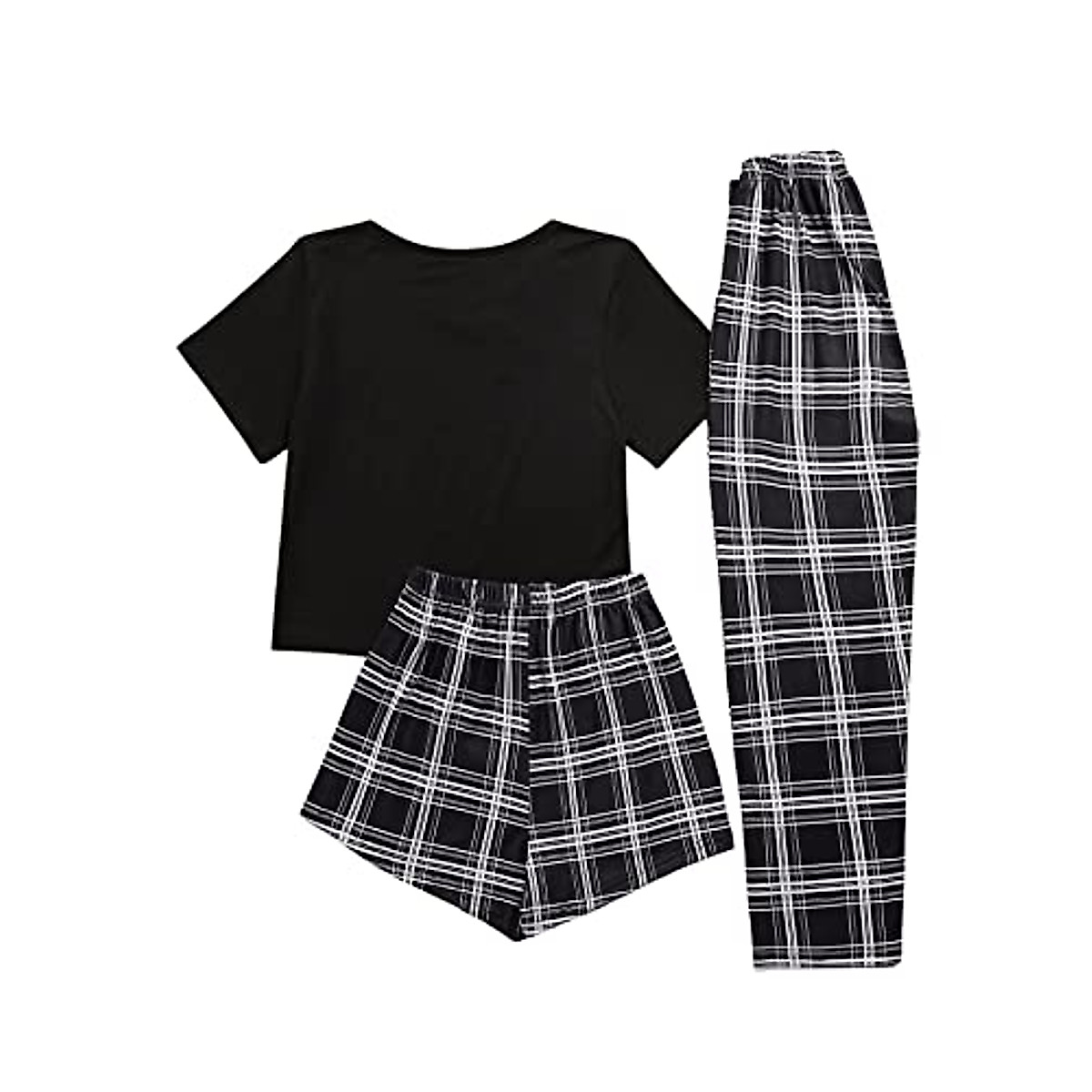 SweatyRocks Women's 3 Piece Plaid Pajama Letter Print Short Sleeve Tee and Shorts Pants Set Black M